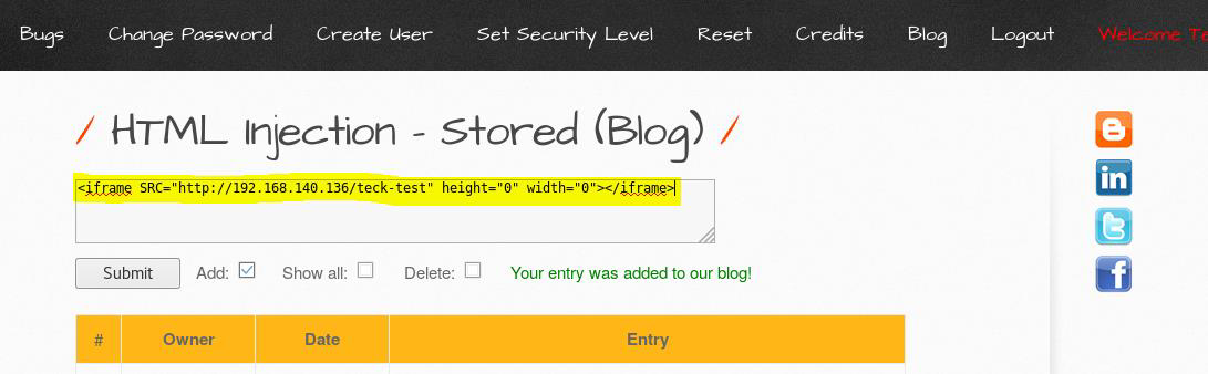 Html Injection Stored Blog · Teckk2